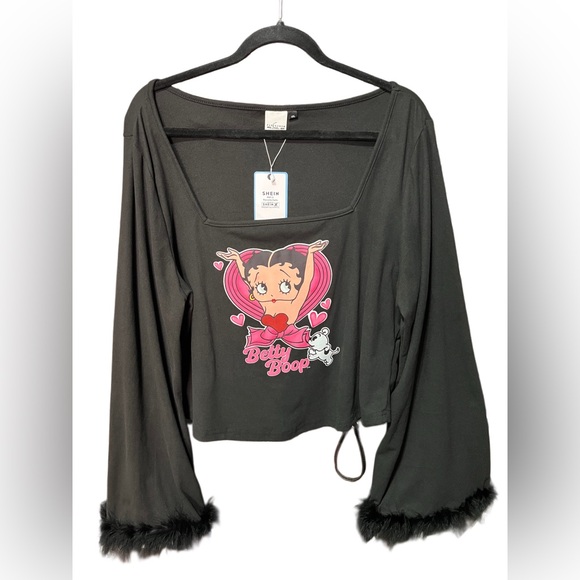 Betty Boop | Tops | Betty Boop Black Long Sleeve Cropped Top With Fuzzy ...